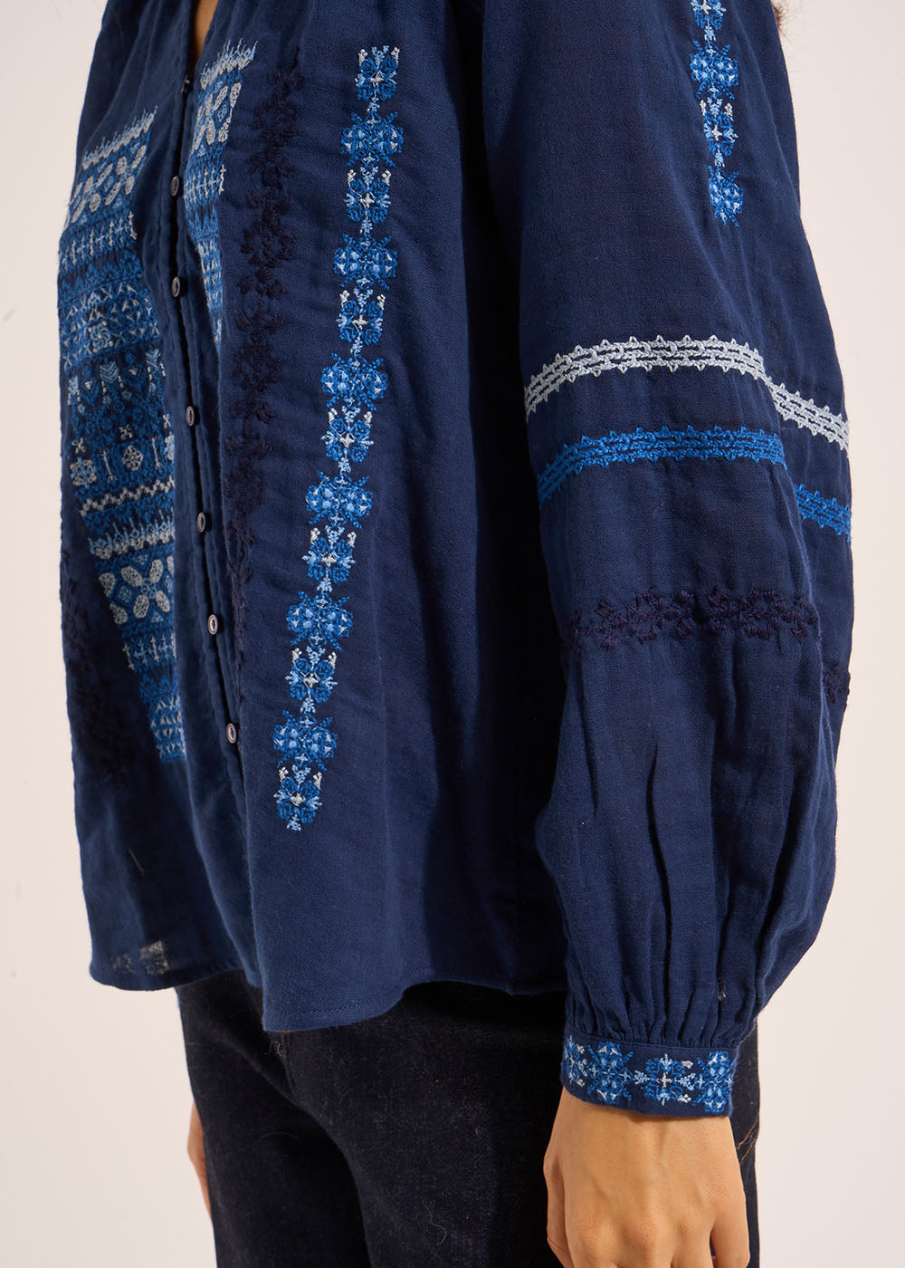 Chemisier en coton brodé et avec manches longues bouffantes INDIGO ...