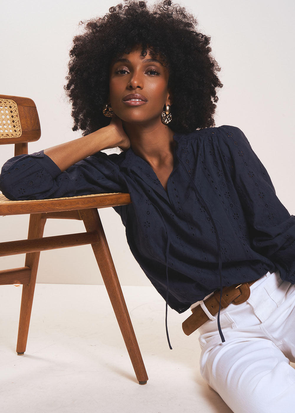 Blouse en coton brodé à col tunisien MARINE TORENZA – Sud Express